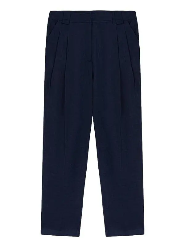 NOCTURNE Pleat Front Tapered Linen Trousers - Navy