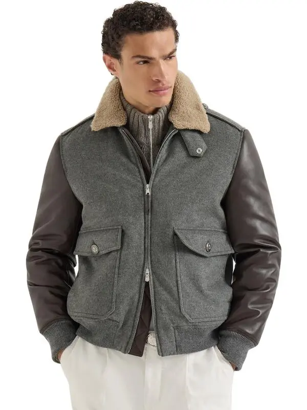 Brunello Cucinelli Bonded Cashmere Beaver Cloth And Nappa Leather Bomber Jacket With Detachable Shearling Collar - Medium Grey