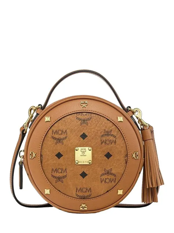 Mcm Small Tambourine Bag In Visetos Monogram Canvas With Studded Trim - Cognac