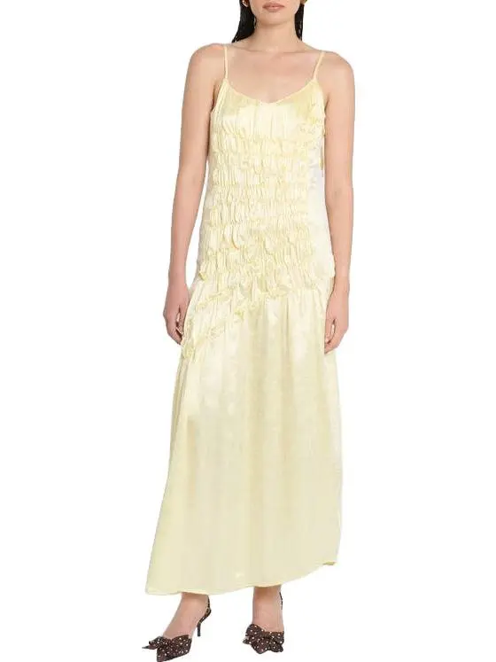MUSE ASSEMBLY Shirred Crushed Satin Midi Dress - Lemon