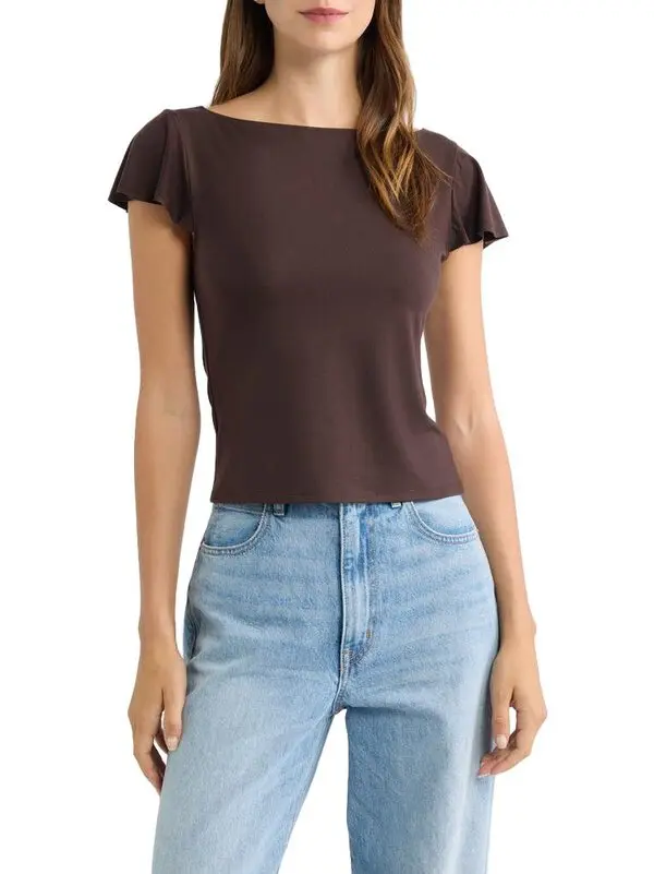 REFORMATION Jensen Flutter Sleeve Boat Neck Top - Mole