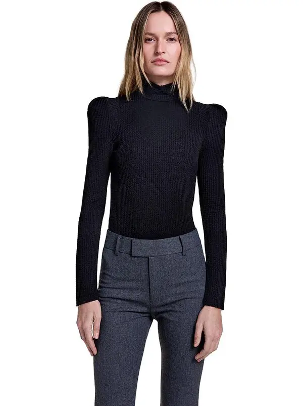 Smythe Puff Sleeve Mock Neck Knit Top - Black Rib