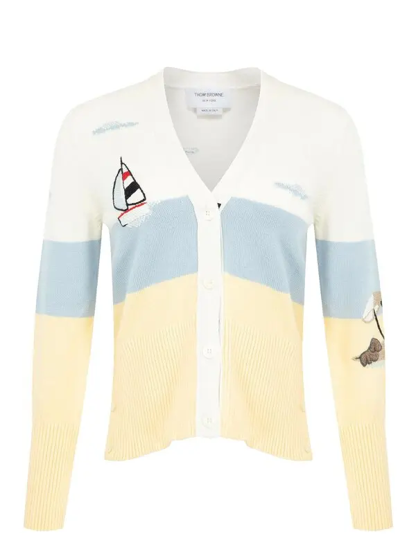 Thom Browne Nantucket Scenic Jersey Intarsia Cardigan - White