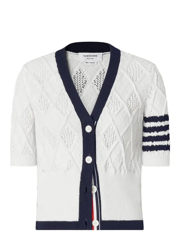 Thom Browne Argyle Pointelle Cable Knit V-neck Cardigan - White