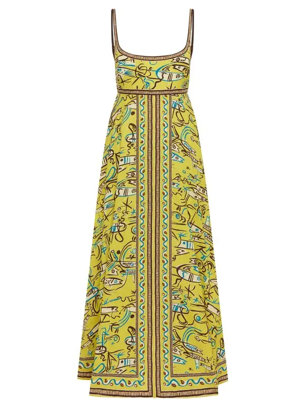 ALEMAIS Printed Linen Midi Dress - Giallo