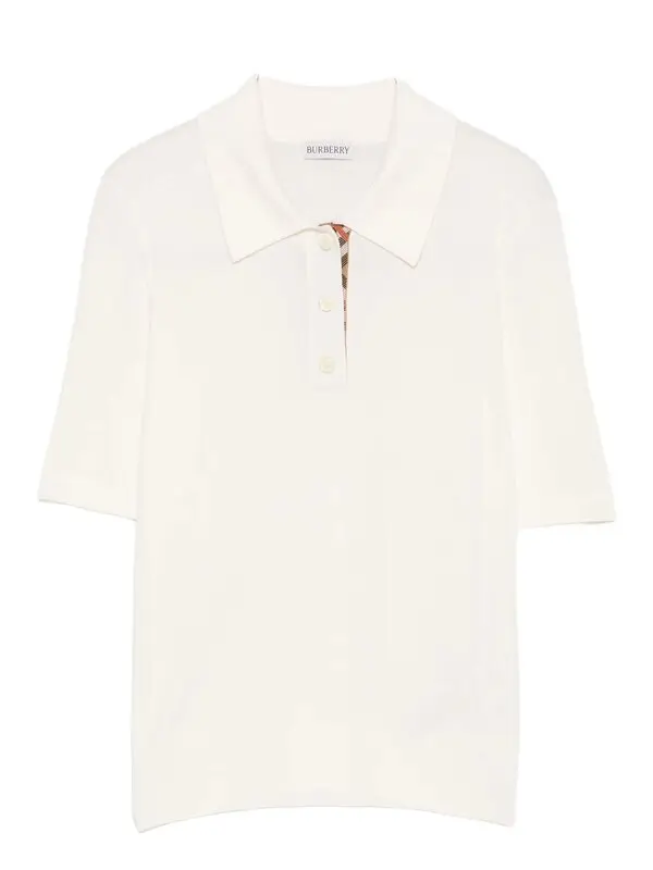 Burberry Wool Knit Button Placket Polo With Check Detail - Bianco