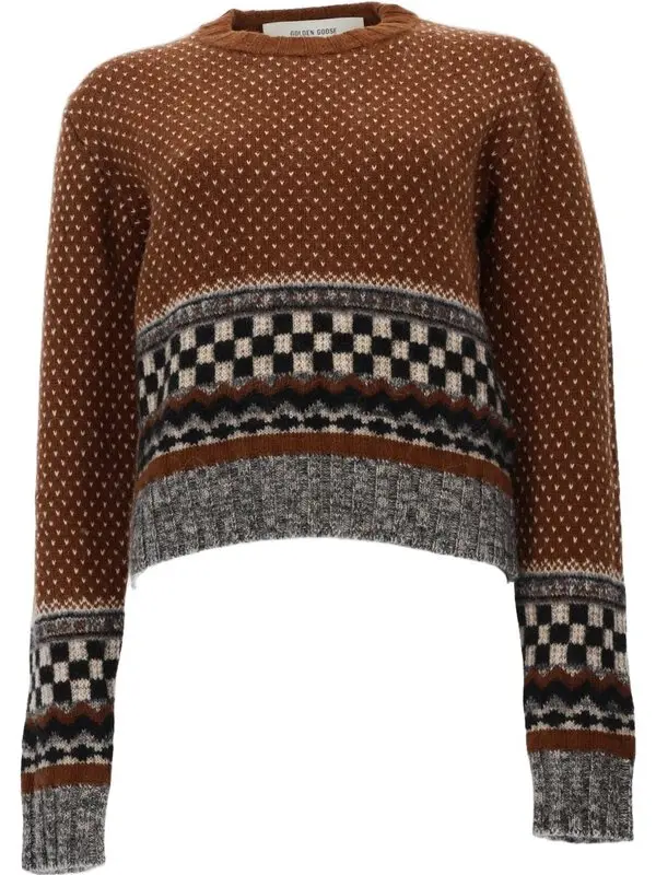 GOLDEN GOOSE Geometric & Check Patterned Cropped Knit Sweater - Brown