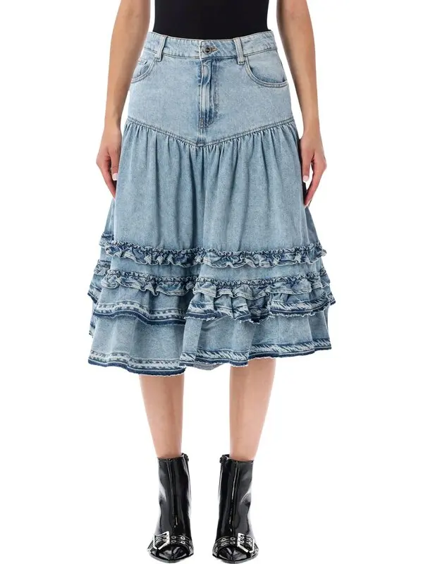 GANNI Ruffled Denim Midi Skirt With Tie Detail - Blu