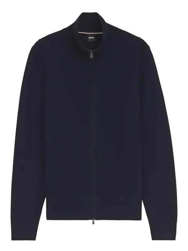 BOSS Zip-up Cotton Sweater With Diagonal Texture - Dark Blue