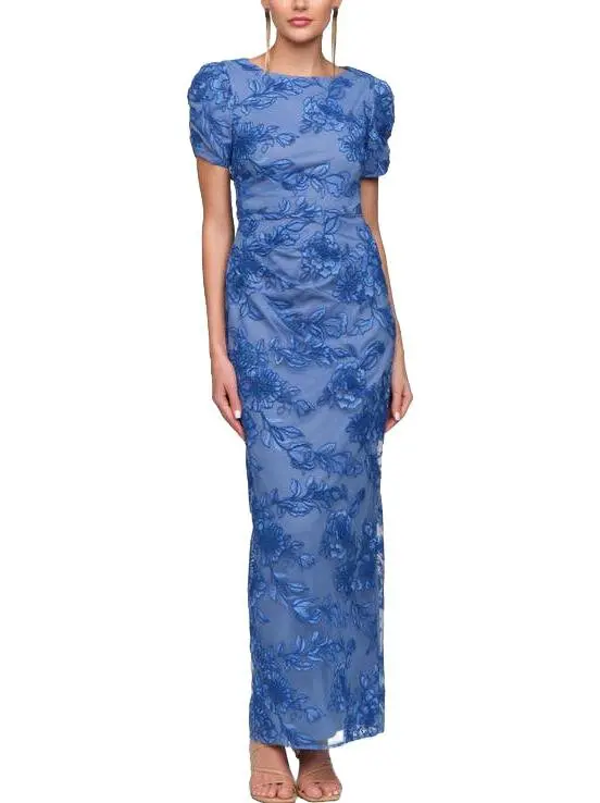 Js Collections Oriana Embroidered Puff Sleeve Column Gown - Indigo