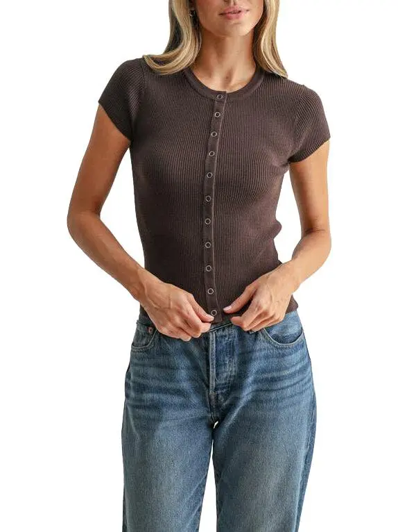 ALL IN FAVOR Rib-knit Cardigan Top With Cap Sleeves - Espresso