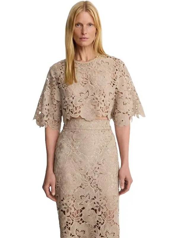 Smythe Guipure Lace Cropped Tee - Latte