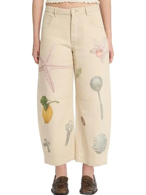 MUSE ASSEMBLY Printed High Waist Barrel Leg Jeans - Ecru Multi