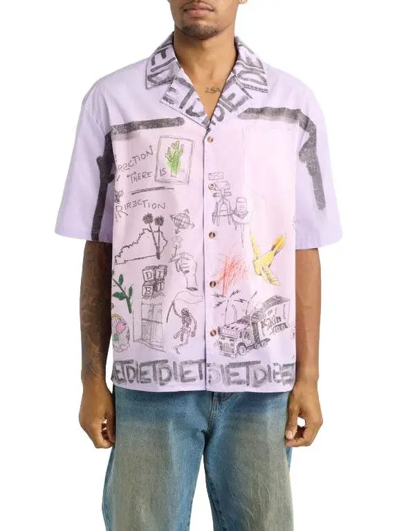 DIET STARTS MONDAY Doodle Graphic Cotton Button-up Shirt - Purple