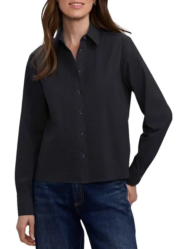 Foxcroft Jodie Pintuck Pleat Stretch Cotton Button-up Shirt - Black