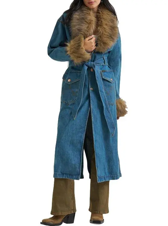 Wrangler Faux Fur Trim Duster Coat - Denim