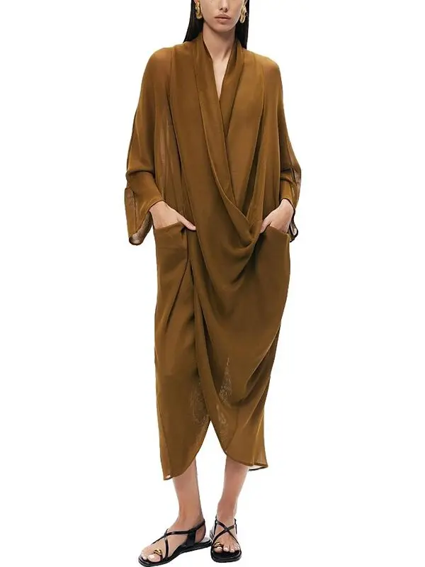 NOCTURNE Draped V-neck Midi Dress - Camel