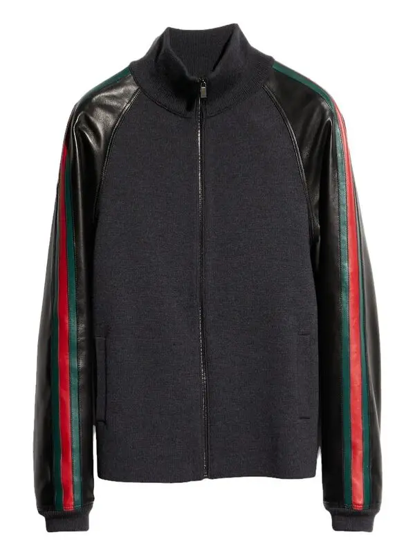 Gucci Fine Rib Wool Zip Jacket With Web - Black