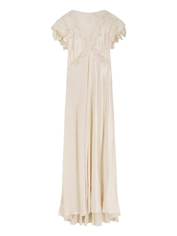 Alberta Ferretti Long Dress With V-neckline And Ruffled Short Sleeves - Beige
