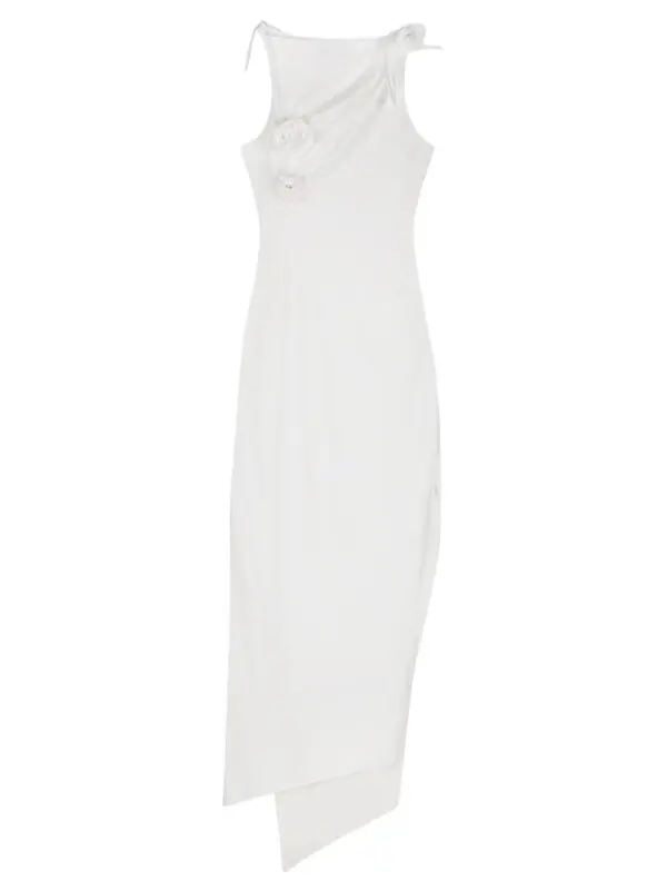 Coperni Sleeveless Midi Dress With Floral Appliqués And Asymmetrical Hem - White