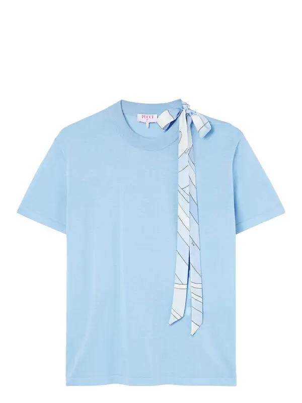 Emilio Pucci Round Neck Short Sleeve T-shirt With Scarf Detail - Light Blue