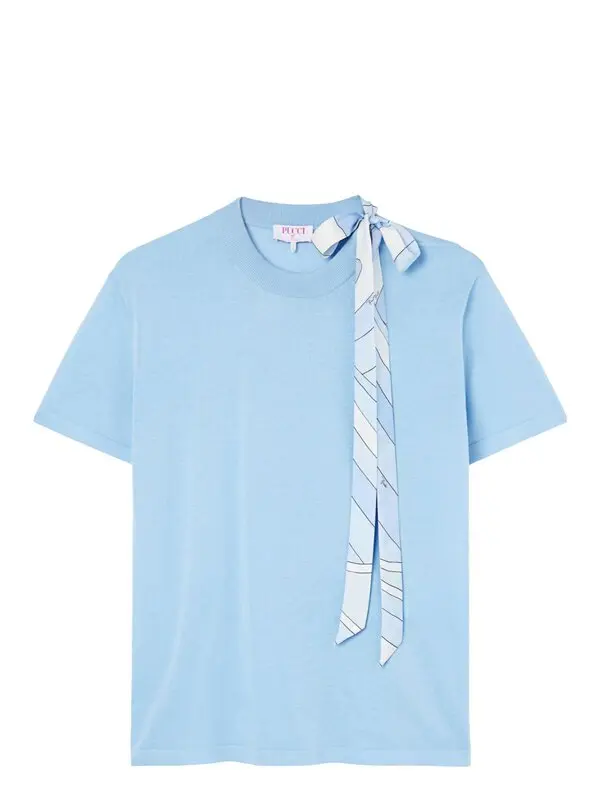 Emilio Pucci Round Neck Short Sleeve T-shirt With Scarf Detail - Light Blue