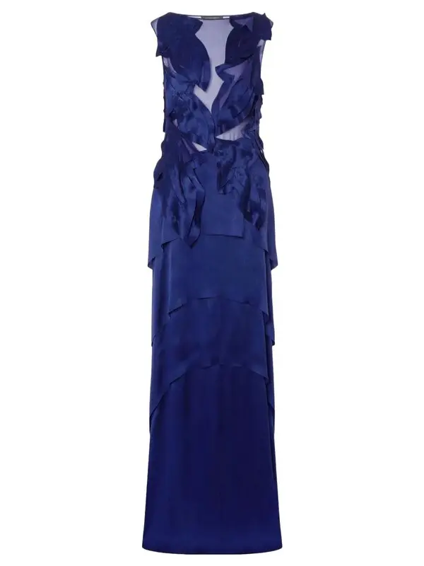 Alberta Ferretti Long Satin Dress With Appliqué And Ruffled Skirt - Indigo