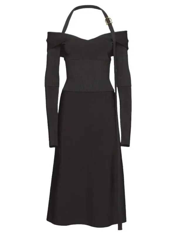 FERRAGAMO Off-shoulder Long-sleeved Midi Dress - Black