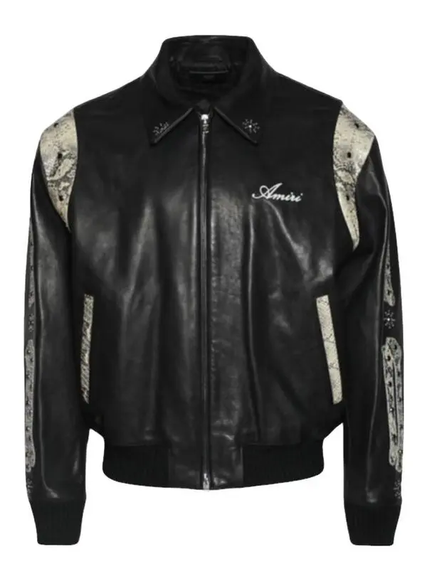Amiri Printed Zip-up Leather Jacket With Snakeskin Trim - Black