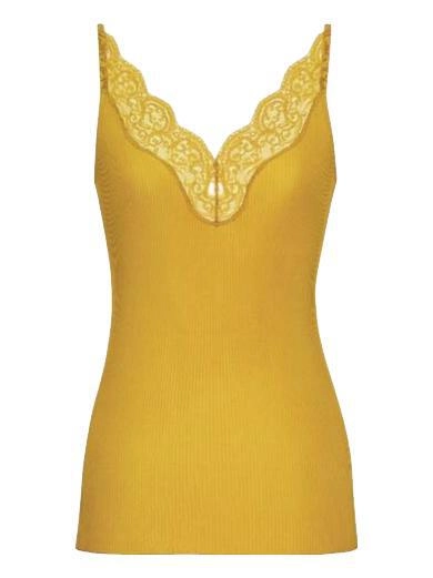 Saint Laurent Ribbed Silk Lace Trimmed V-neck Tank Top - Yellow