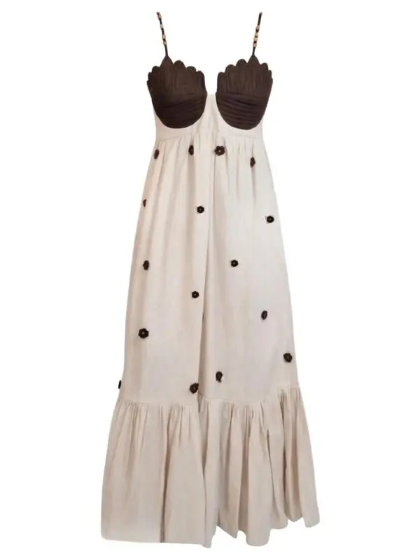 MUDA CLOTHING FZ LLC Linen Maxi Dress With Scalloped Bust And Appliqué Detailing - Beige/brown