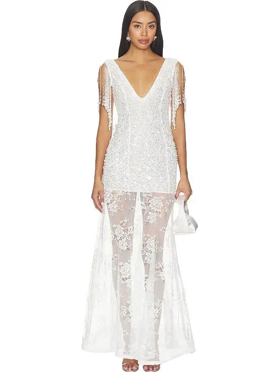 LA FUORI Beaded Tulle Gown With Fringe Detail - White