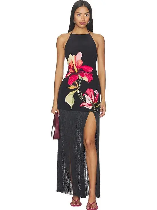 Rococo Sand Ruched Bias Fringed Mini Dress - Black