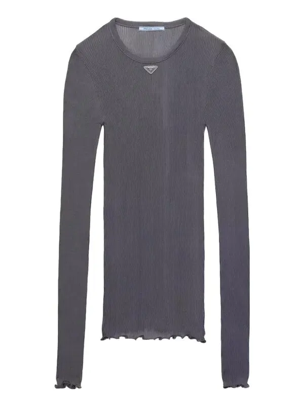 Prada Ribbed Knit Silk Long Sleeve Top - Grey