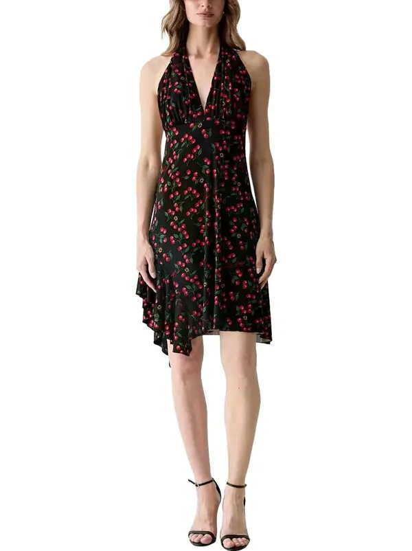 Guess Cherry Print Asymmetric Hem Mini Dress - Black