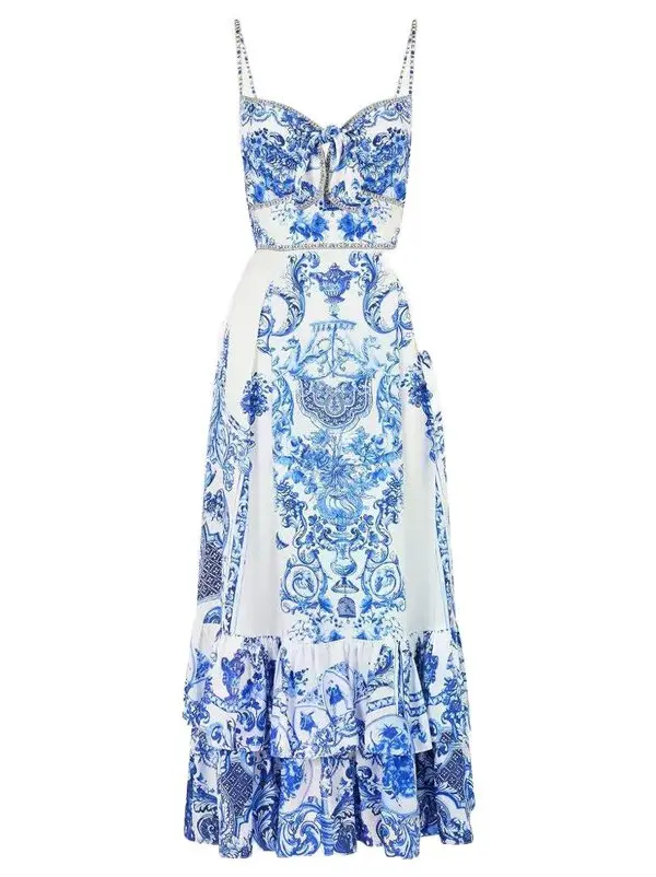 Camilla Baroque Print Crystal Embellished Tie-front Dress - White