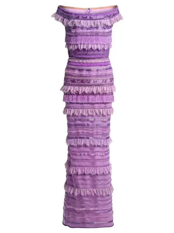 Elie Saab Beaded Off-the-shoulder Tiered Dress - Purple
