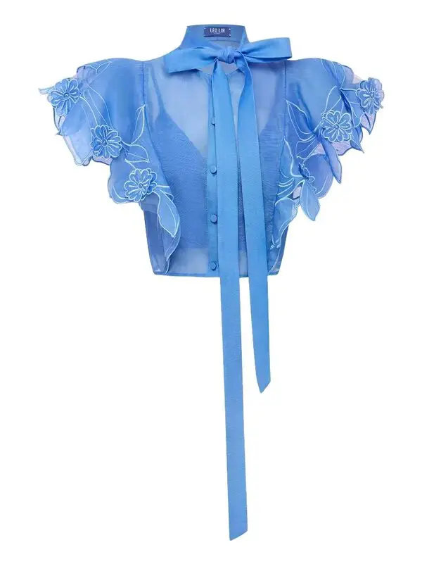LEO LIN Jasmine Appliqué Flutter-sleeve Top - Blue