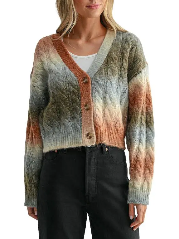 ALL IN FAVOR Ombré Cable Knit Cropped Cardigan - Olive Brown Multi