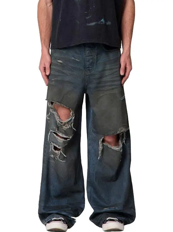 Mnml Oil Stain Rave Ripped Relaxed Wide Leg Jeans - Blue