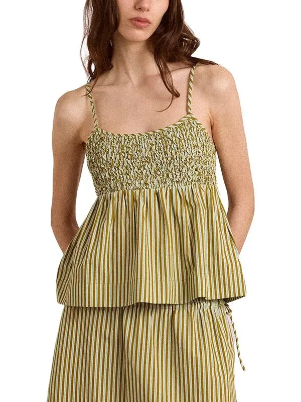 DAMSON MADDER Dinah Striped Smocked Organic Cotton Camisole - Basil