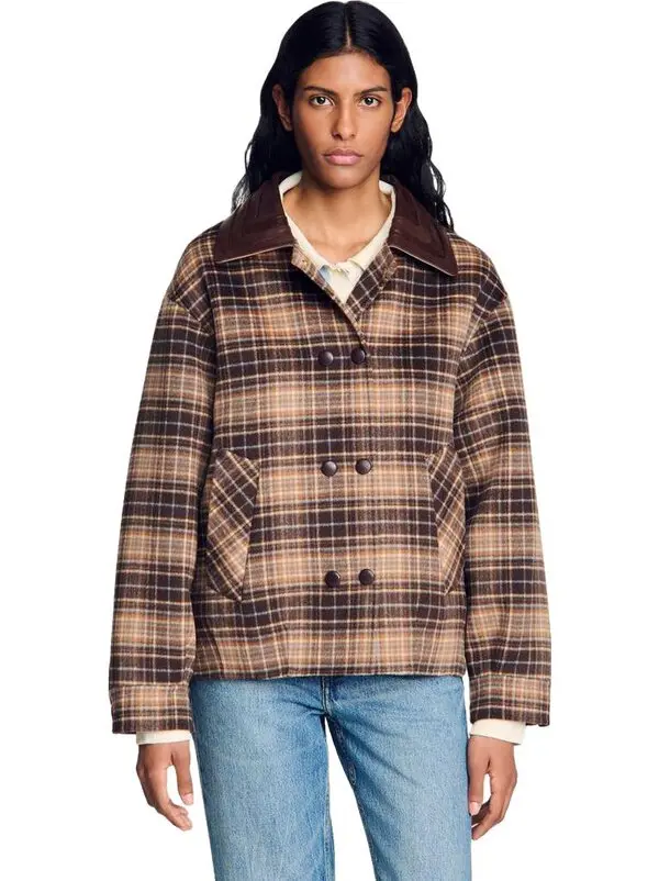 Sandro Check Wool Blend Coat With Leather Collar - Brown