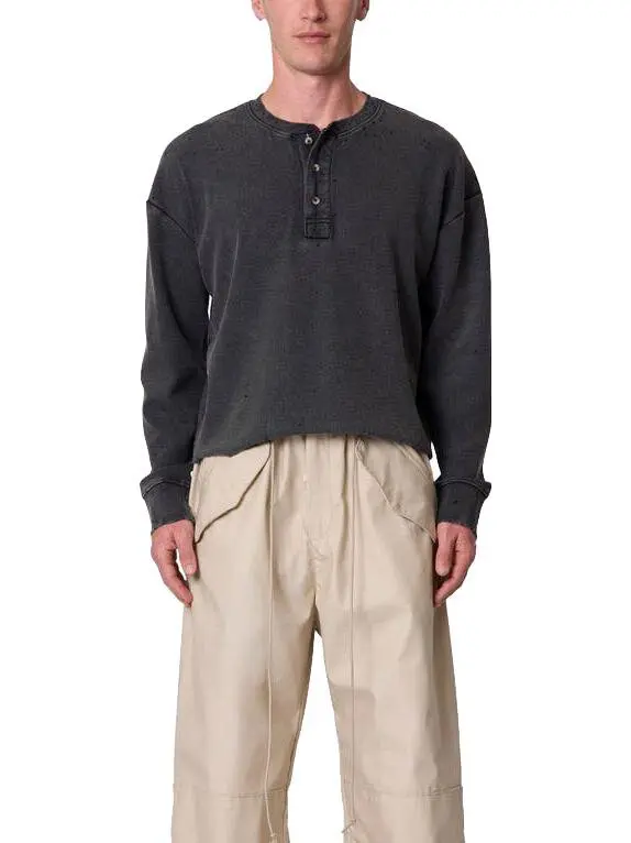 Mnml Distressed Long Sleeve Henley - Washed Black