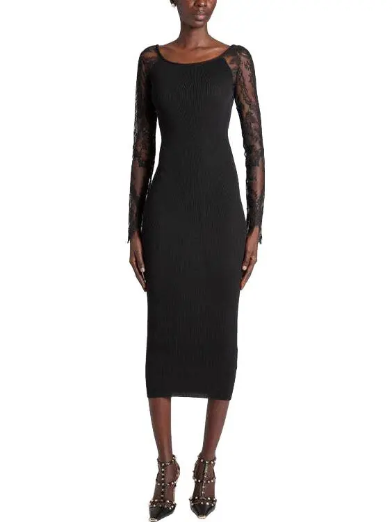 Valentino Garavani Lace Sleeve Ribbed Virgin Wool Blend Sweater Dress - Black