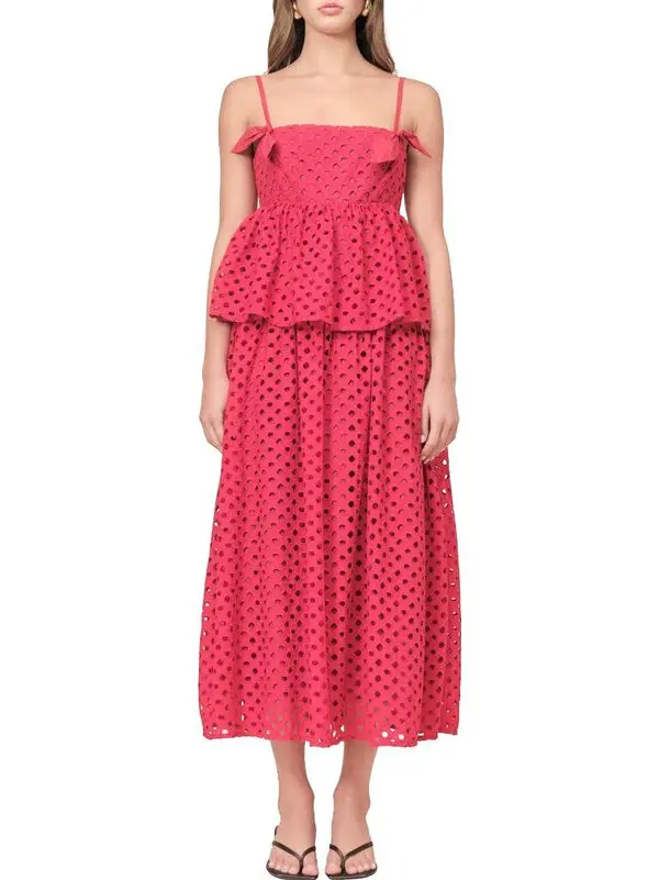 MAUDE CLUB Eden Cotton Eyelet Peplum Midi Dress - Ruby Eyele