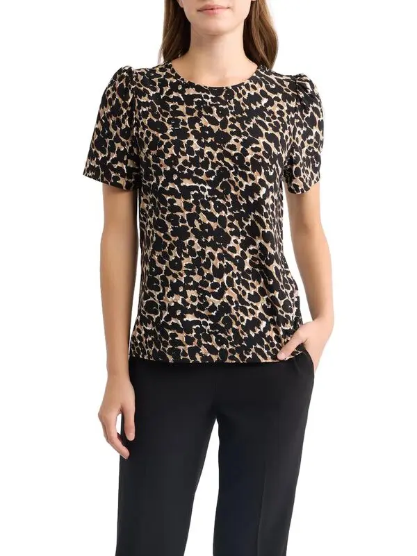 Anne Klein Leopard Print Puff Sleeve Knit Top - Vicuna Multi