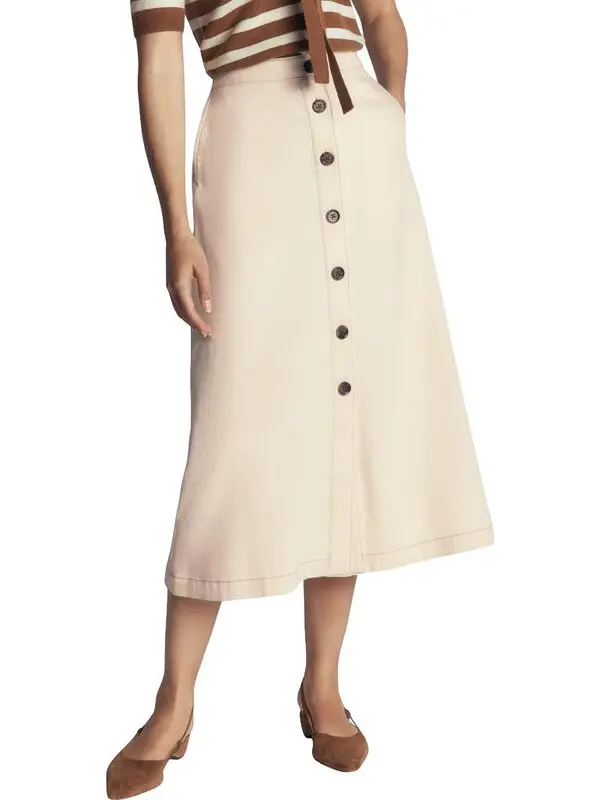 Boden Button Front Denim Midi Skirt - Ecru