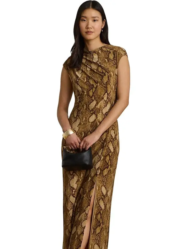 Ralph Lauren Python-print Jersey Cap-sleeve Midi Dress - Tan Multi