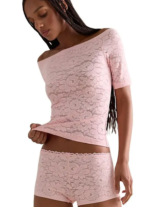 Free People Off-the-shoulder Lace Top With Ribbed Trim - Rose Icing