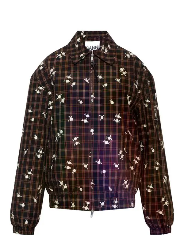 GANNI Check Floral-embroidered Zip-up Jacket - Brown